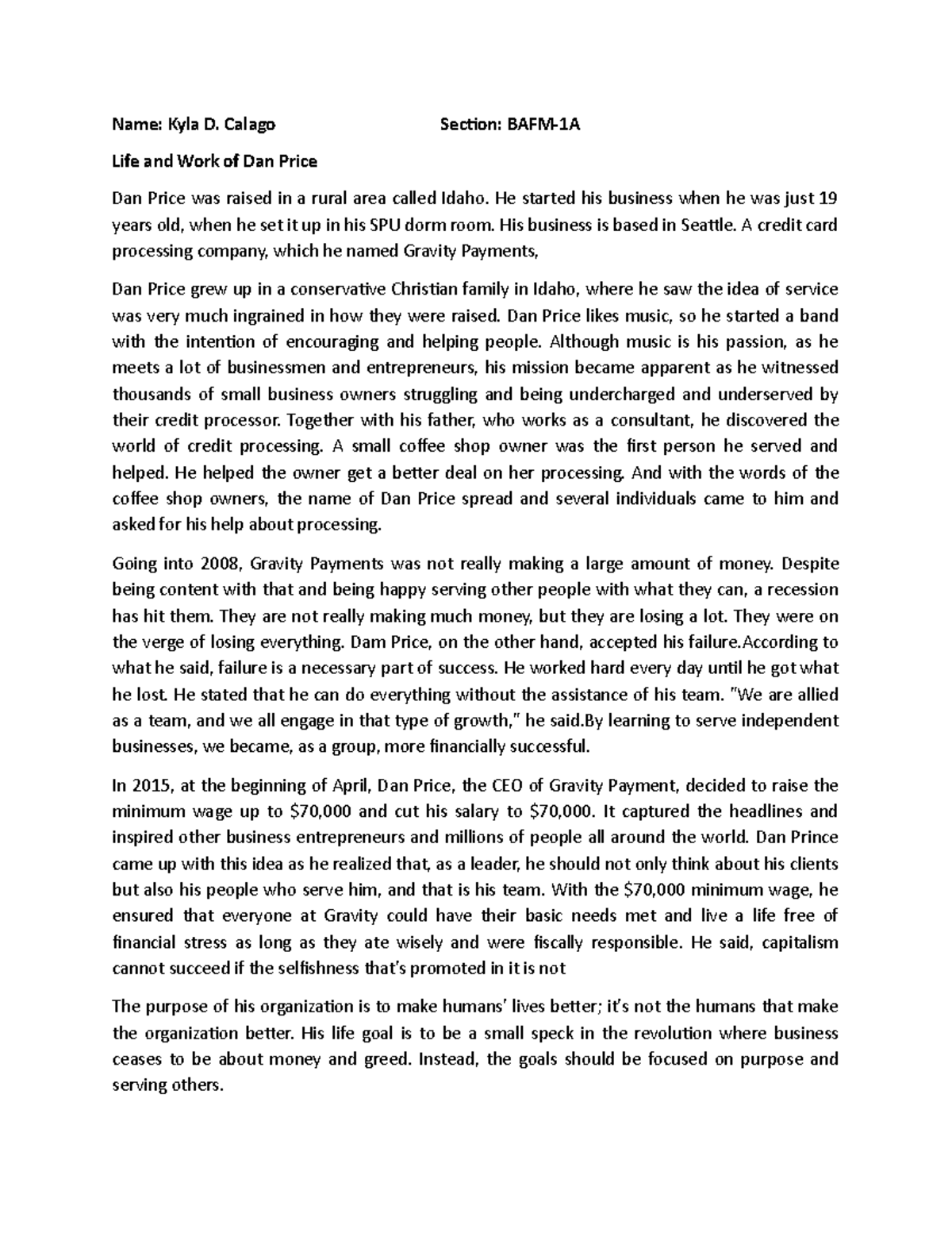 Dan Price - Name: Kyla D. Calago Section: BAFM-1A Life and Work of Dan ...