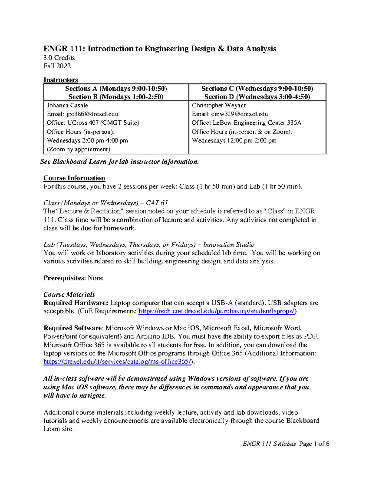 ENGR 111 Syllabus Fall 2022 - V1 (9-11-2022) - ENGR 111: Introduction to Engineering Design ...