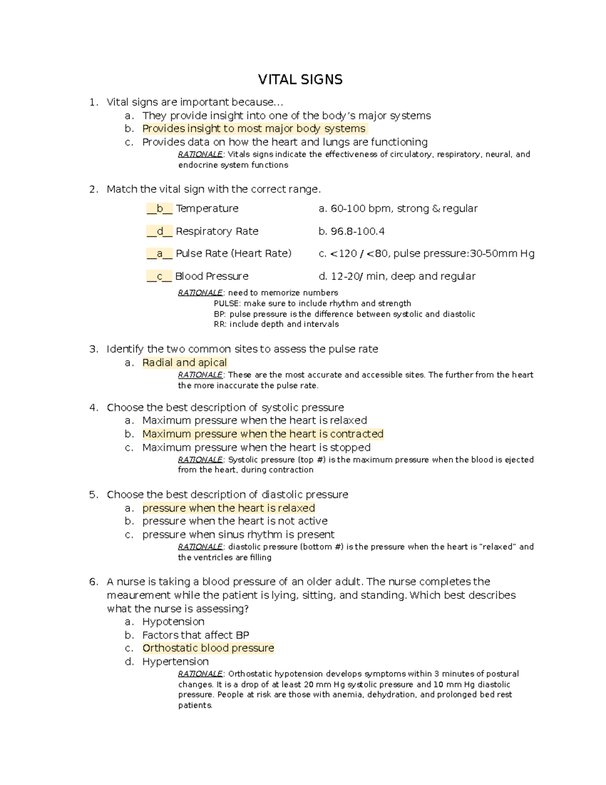 Vital signs study guide - VITAL SIGNS Vital signs are important because ...