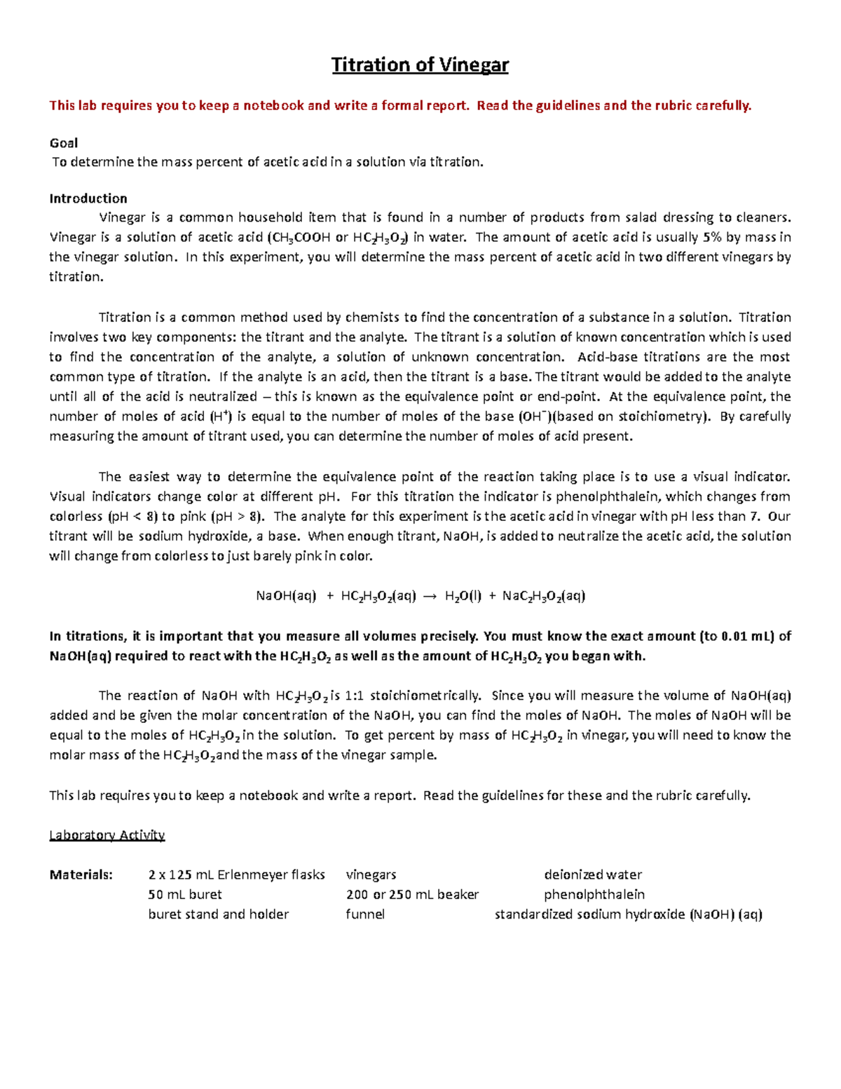 111 - Chemis lab - Titration of Vinegar This lab requires you to keep a ...