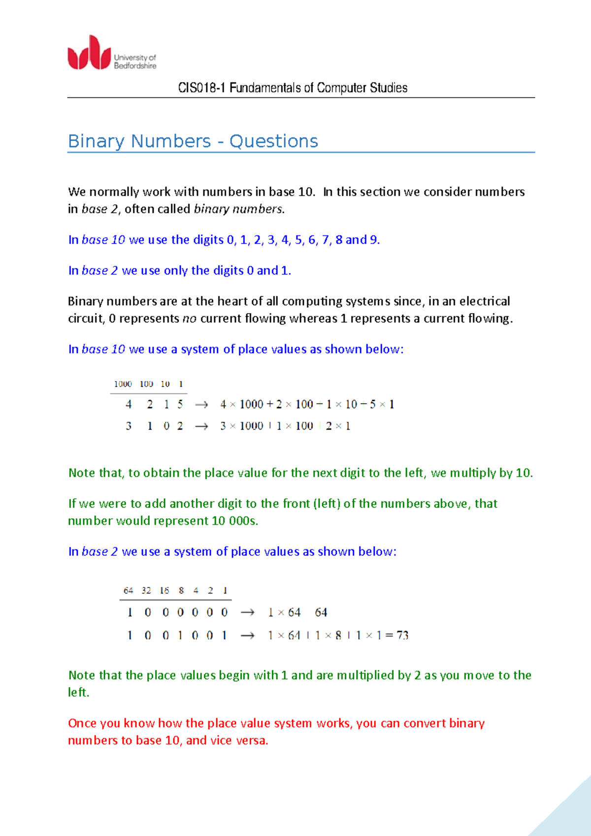 CIS018-1 - Fundamentals of Computer Studies - Binary Numbers ...