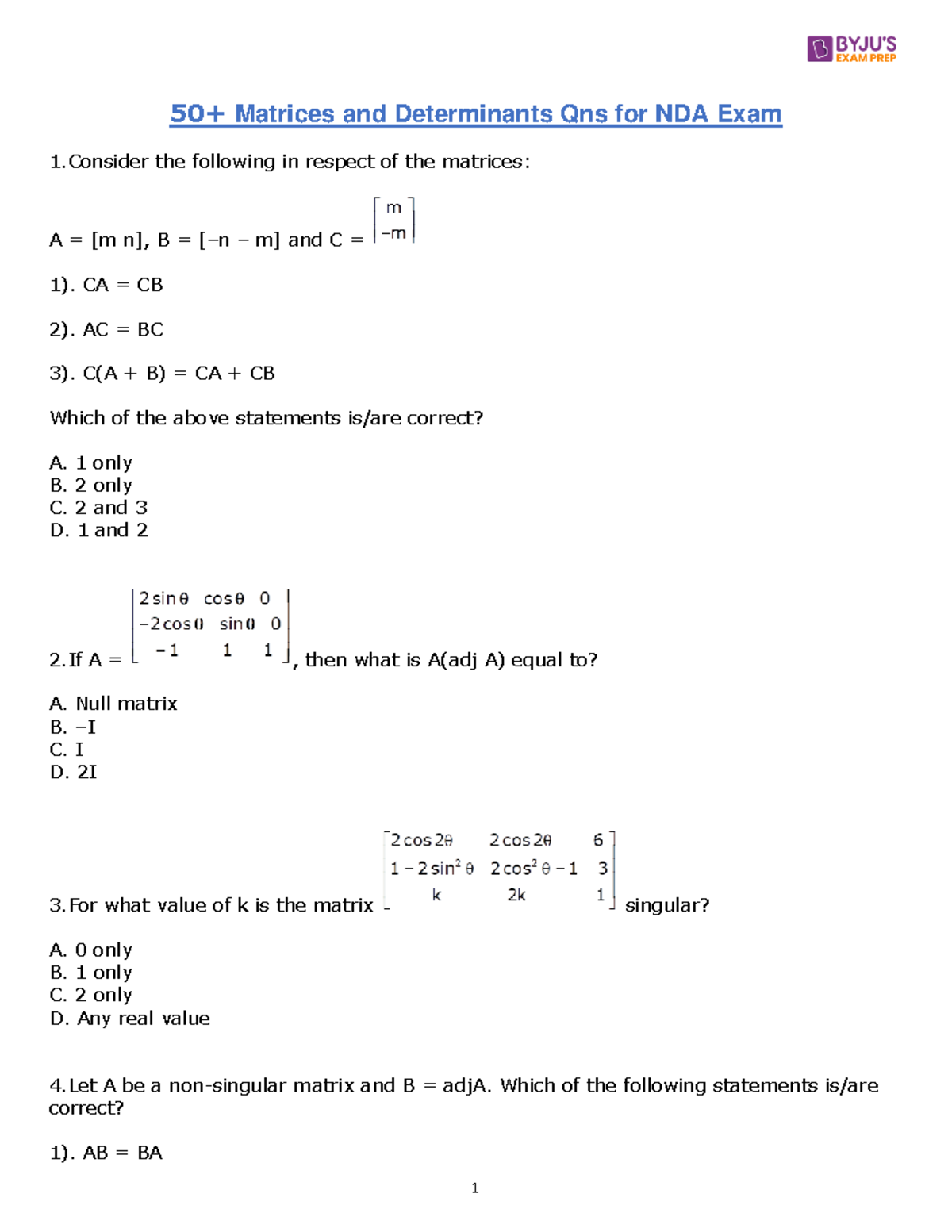 50 matrices determinant qns 18 - 50 + Matrices and Determinants Qns for ...