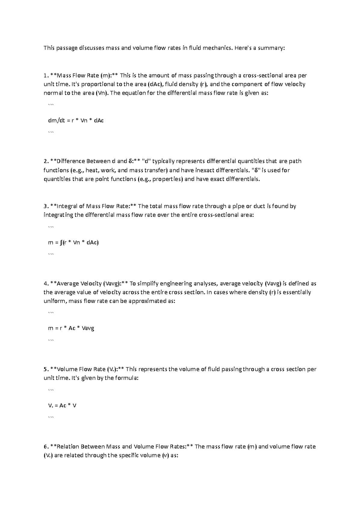 Mass conservation - This passage discusses mass and volume flow rates ...