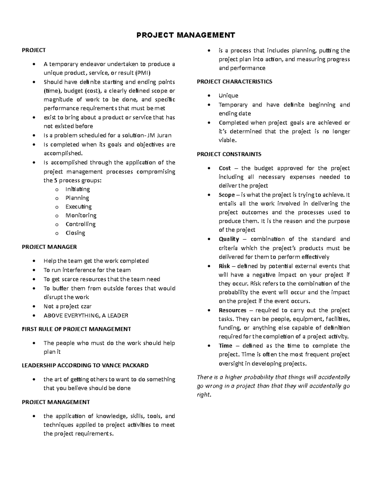 Project- Management- Reviewer - PROJECT MANAGEMENT PROJECT A temporary ...