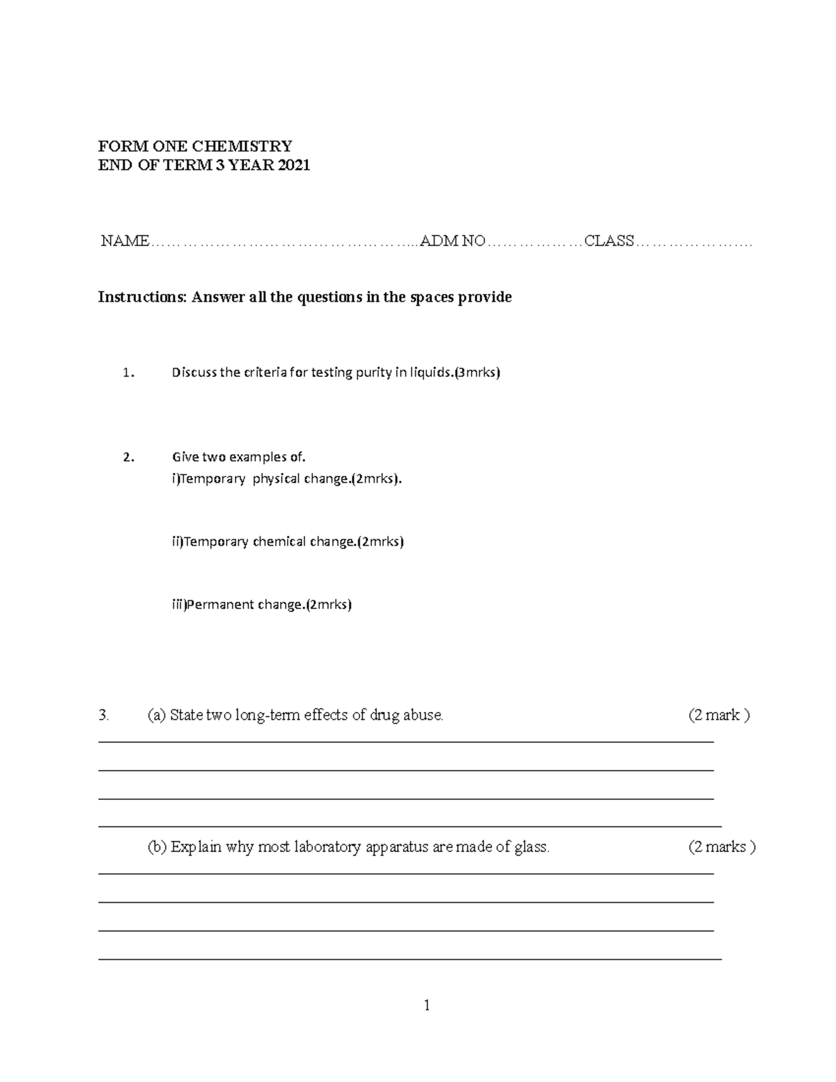 CHEM F1 TERM 3 EXAM 2021 - Good - FORM ONE CHEMISTRY END OF TERM 3 YEAR ...