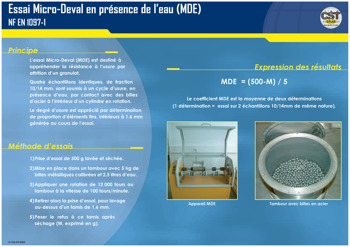 24-colass essais laboratoire - Principe Méthode d’essais © COLAS 2004 L’essai Micro-Deval (MDE ...