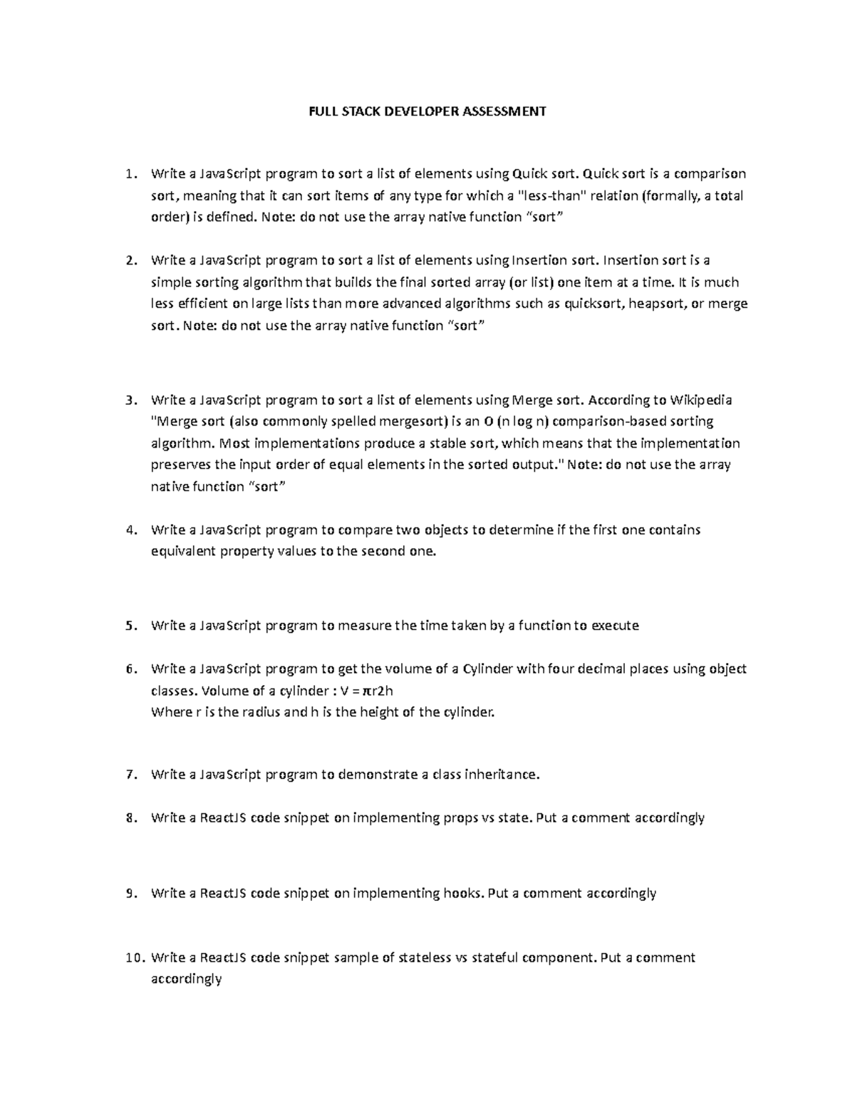 Assessment PART 3 (Updated) - FULL STACK DEVELOPER ASSESSMENT Write a JavaScript program to sort ...