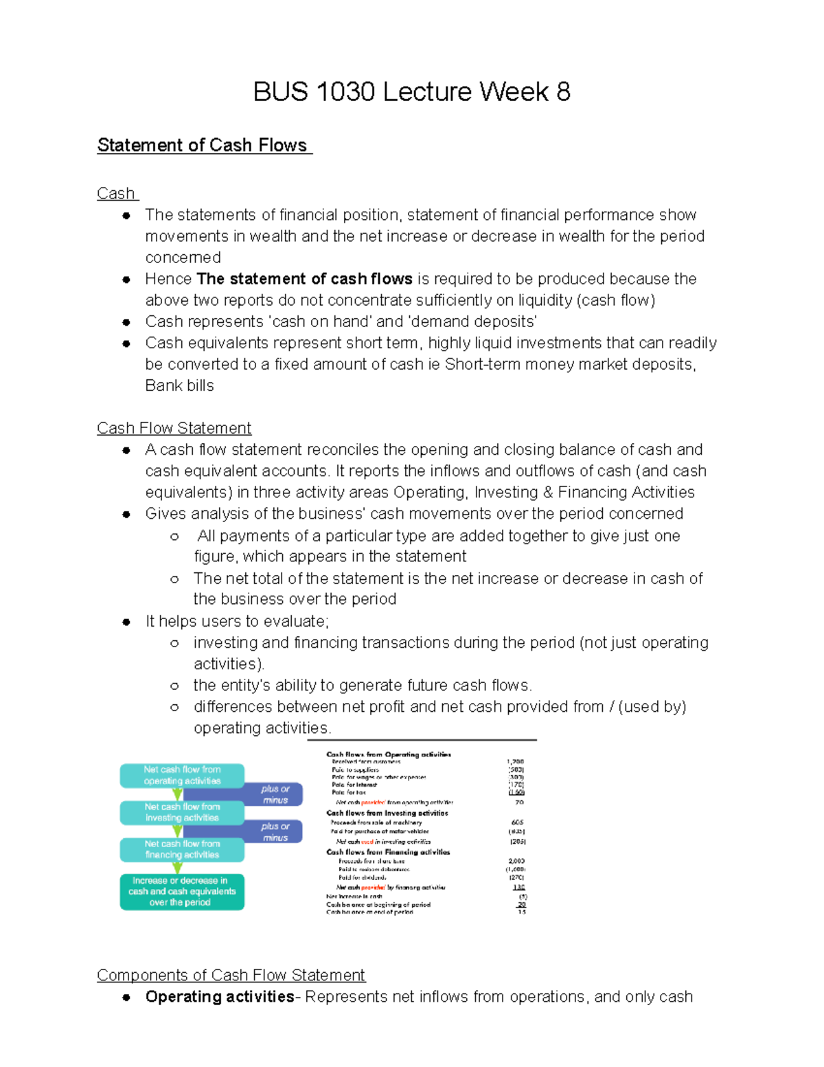 BUS 1030 Lecture Week 8 - BUS 1030 Lecture Week 8 Statement of Cash ...