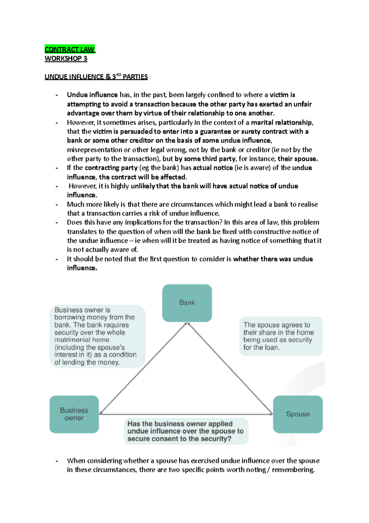 Undue Influence & 3RD Parties - CONTRACT LAW WORKSHOP 3 UNDUE INFLUENCE ...