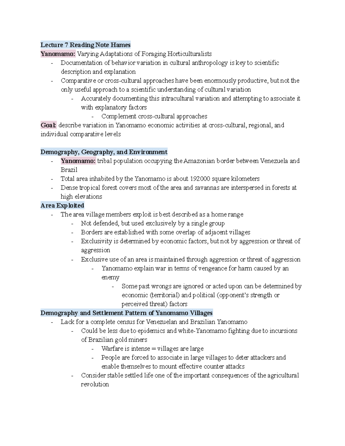 ANT 10CD Lecture 7 Reading Notes Hames Yanomamo - Lecture 7 Reading ...