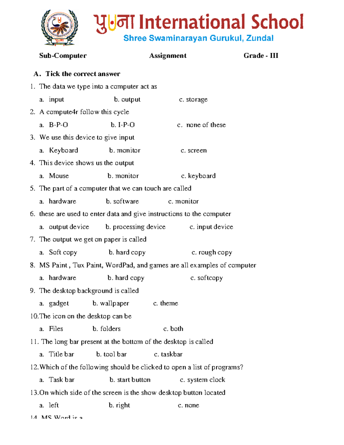 SA- grade 3 computer - Sub-Computer Assignment Grade - III A. Tick the ...