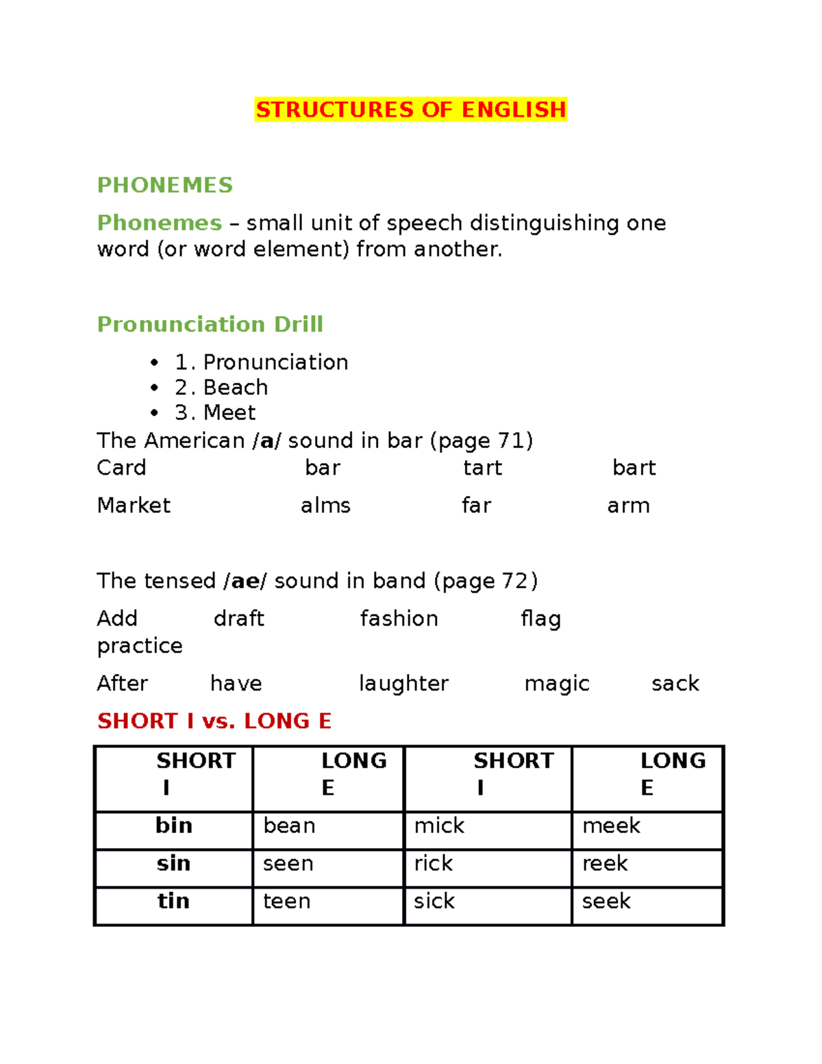 Structure of english - STRUCTURES OF ENGLISH PHONEMES Phonemes – small ...