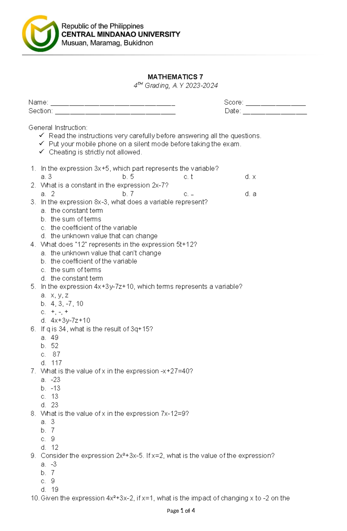Multiple choice Exam - MATHEMATICS 7 4 TH Grading, A 2023- Name