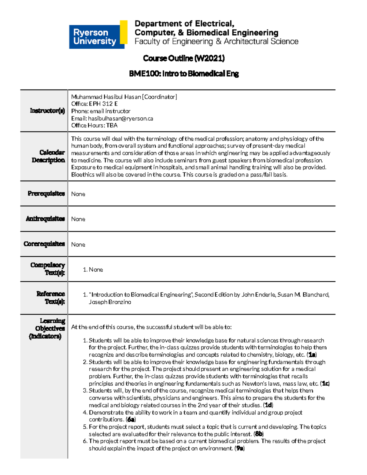 BME100 course outline - Introduction to biomedical engineering - BME100 ...
