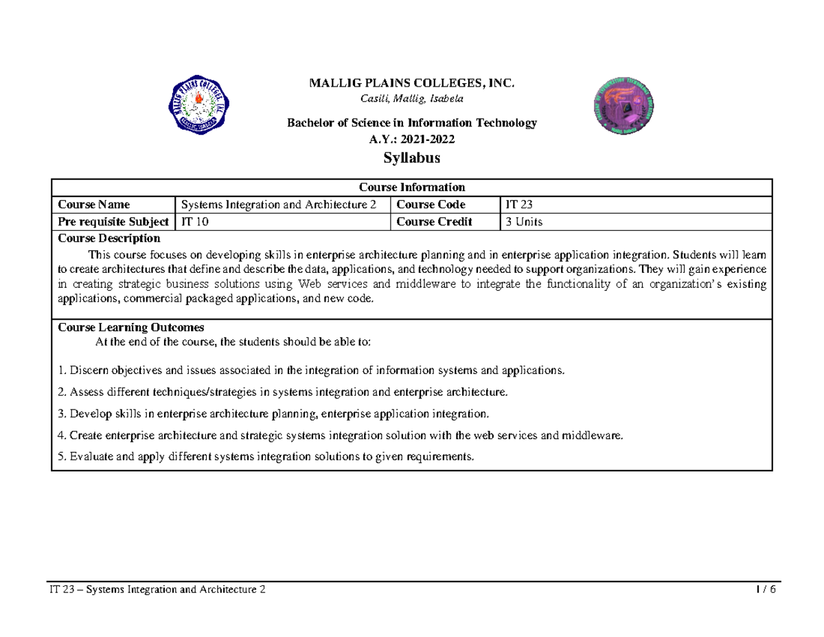 IT 23 - Systems Integration and Architecture 2 - MALLIG PLAINS COLLEGES ...