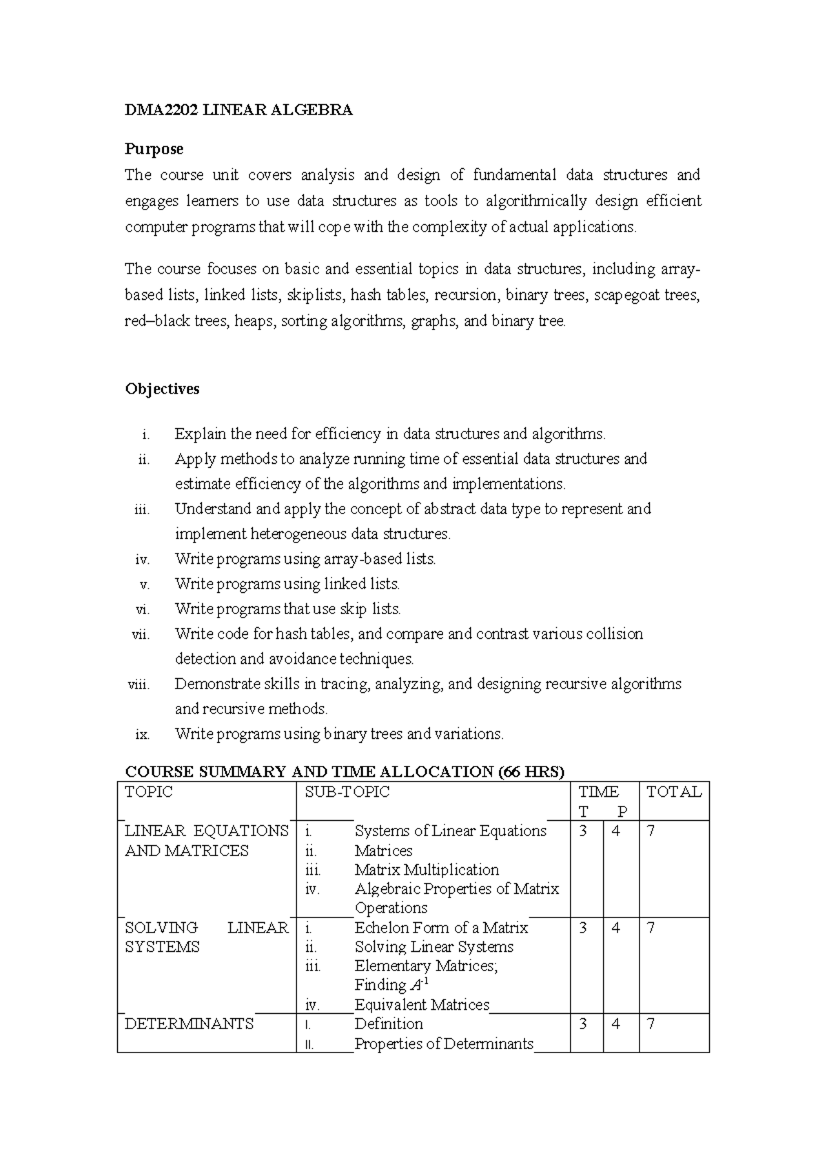 DMA2202 Linear Algebra - DMA2202 LINEAR ALGEBRA Purpose The course unit ...
