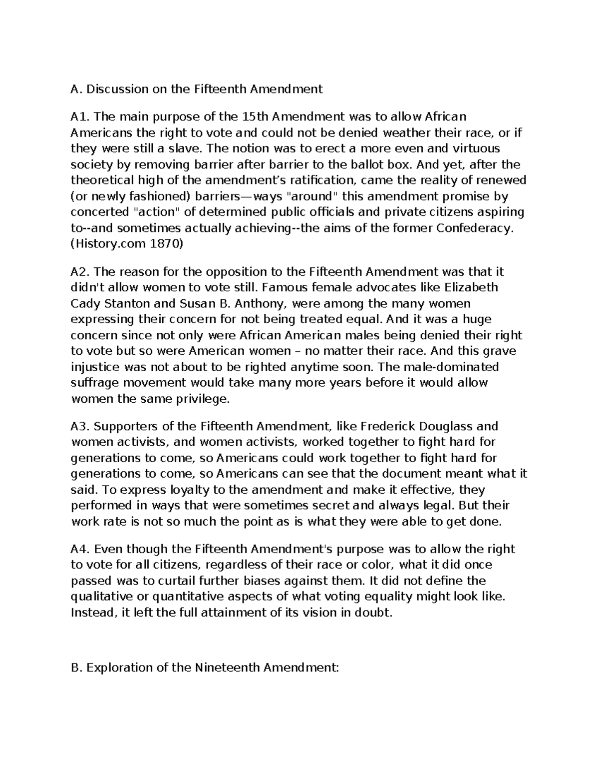 Document 5 - slavery - A. Discussion on the Fifteenth Amendment A1. The ...