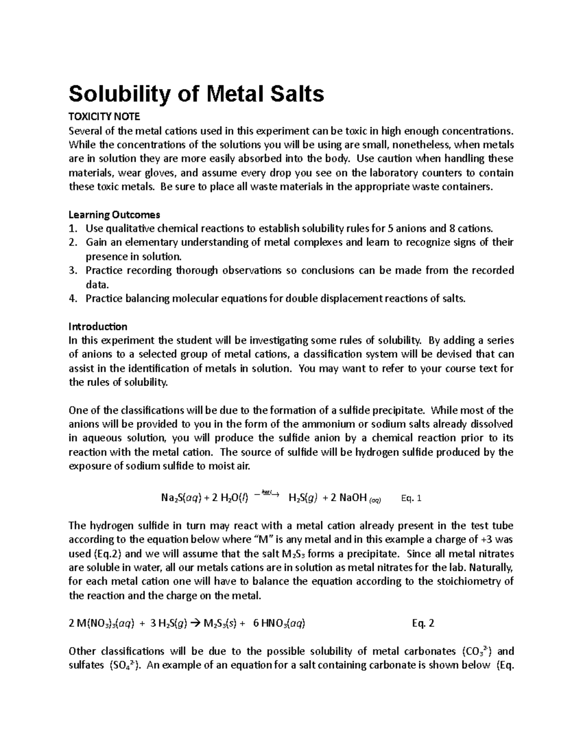 Solubility of Metal Salts - Solubility of Metal Salts TOXICITY NOTE ...