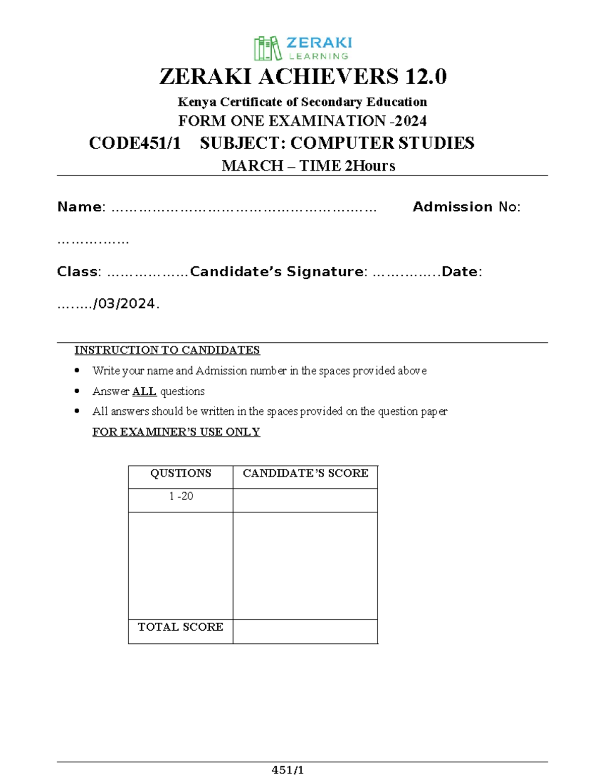 Computer Studies - Computer Studies - Question Paper - ZERAKI ACHIEVERS ...