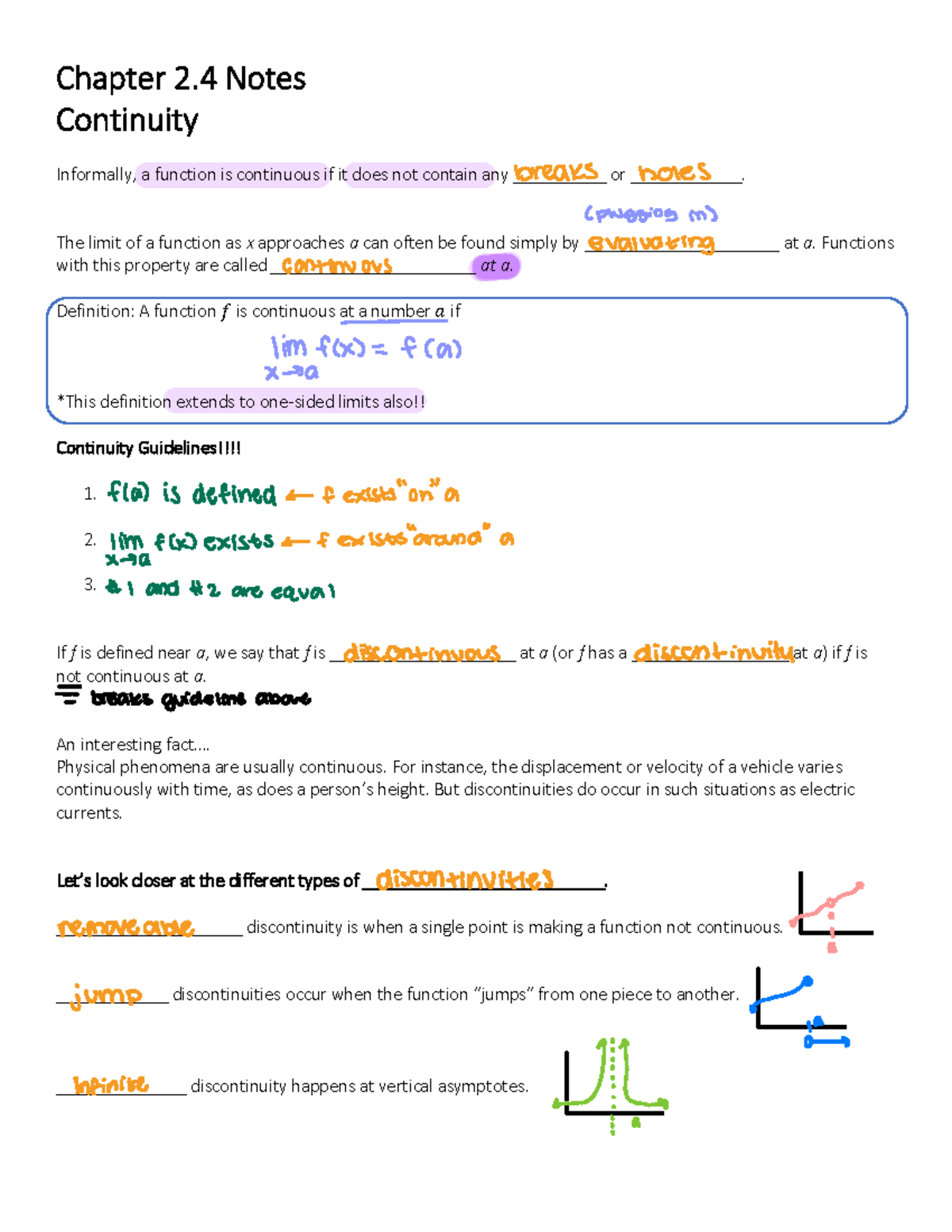 2 - Section 2.4 notes for Calculus - Chapter 2. 4 Notes Continuity ...