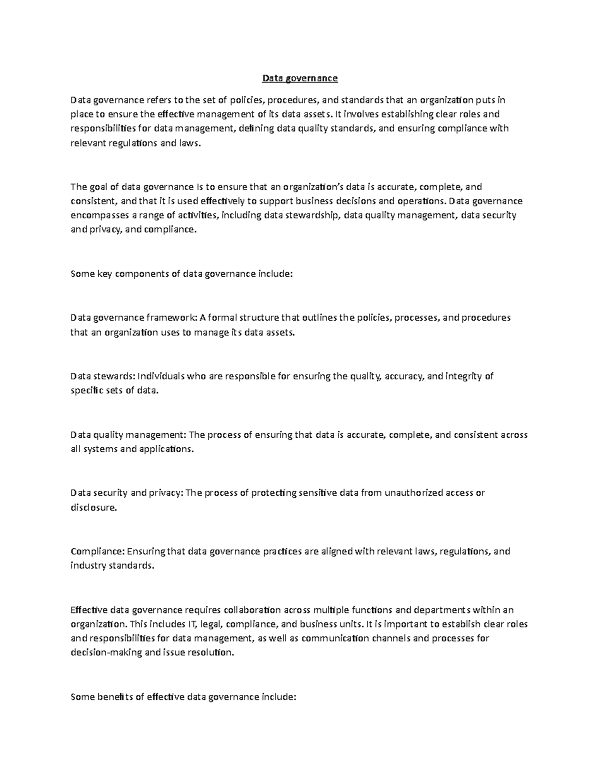 Data governance - Data governance Data governance refers to the set of ...