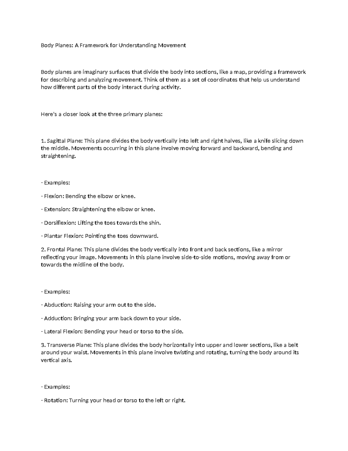 Body Planes - ..... - Body Planes: A Framework for Understanding ...