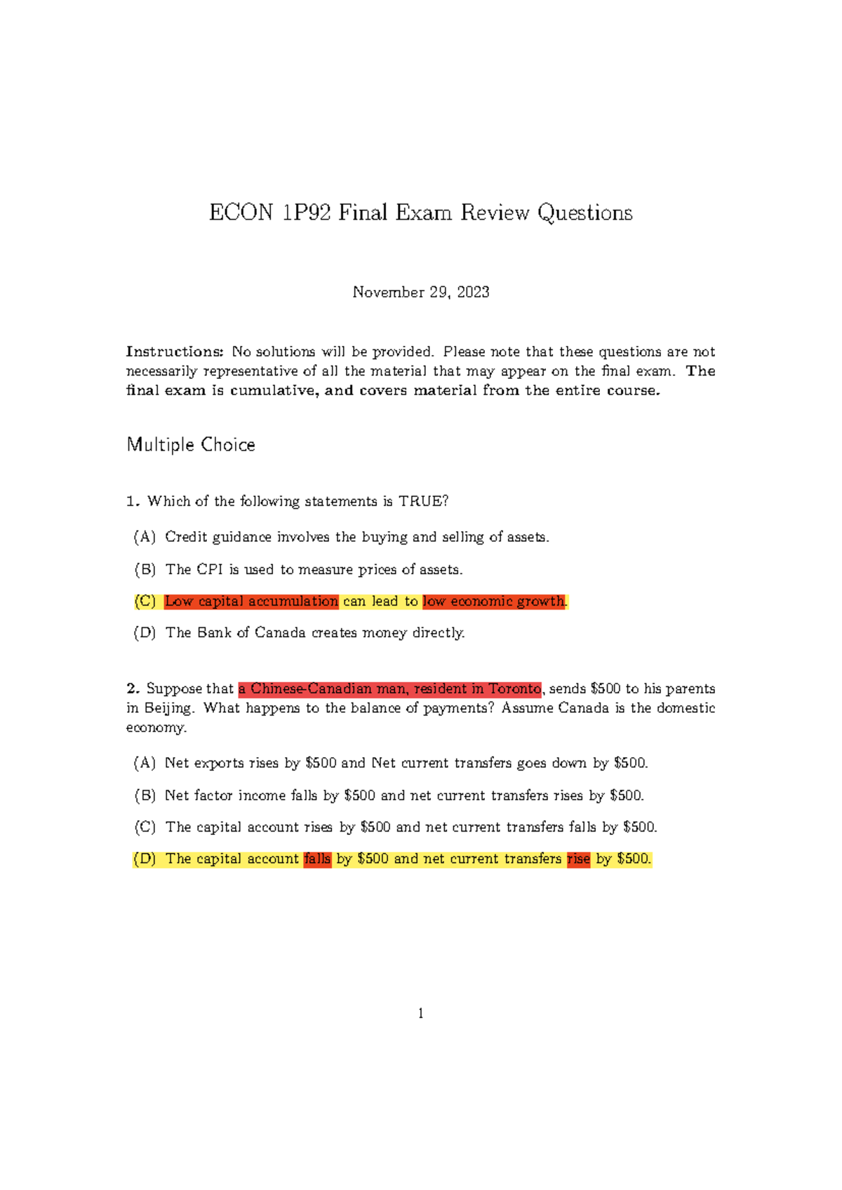 50 EXAM Questions Review (1) 2 - ECON 1P92 Final Exam Review Questions ...