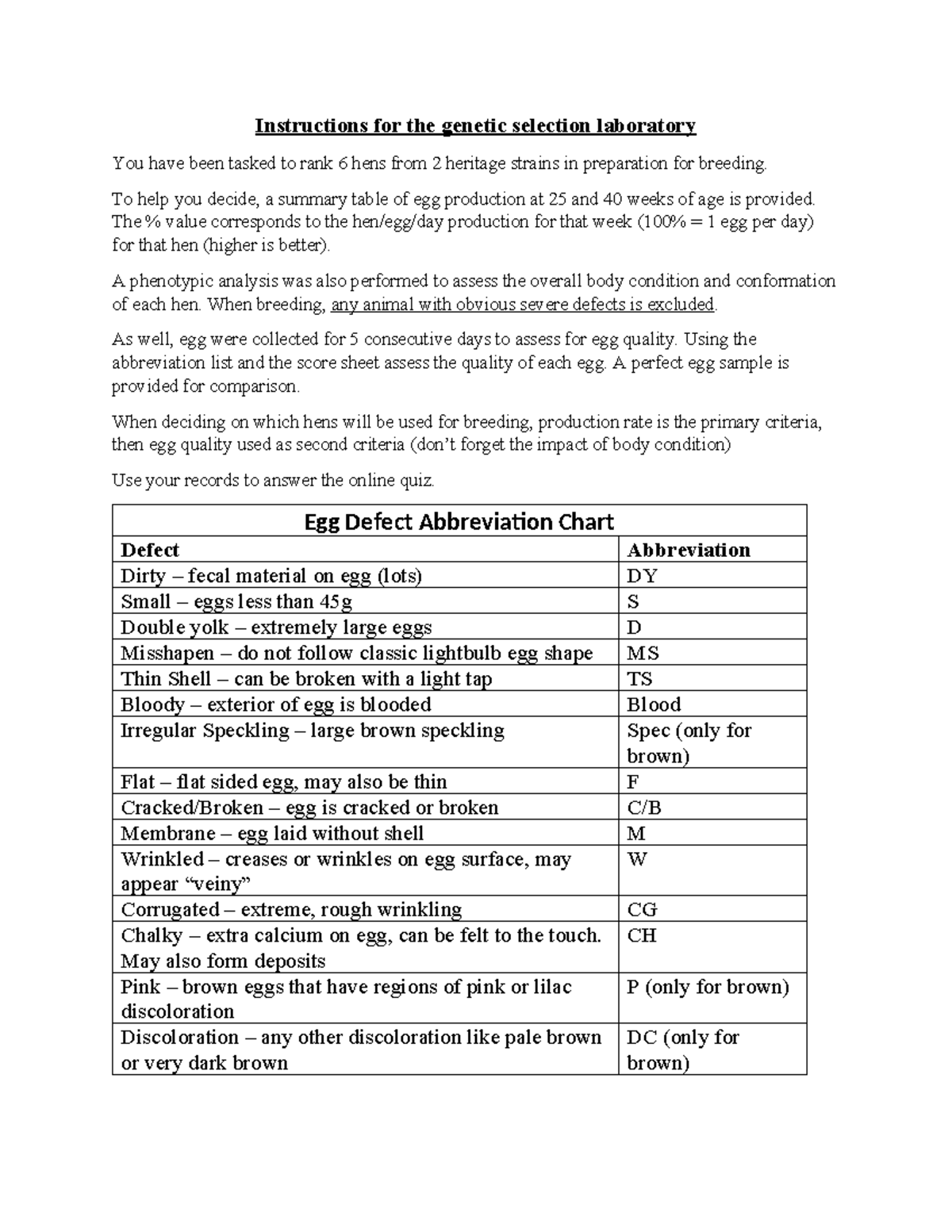Instructions and score sheet for the genetic selection laboratory ...