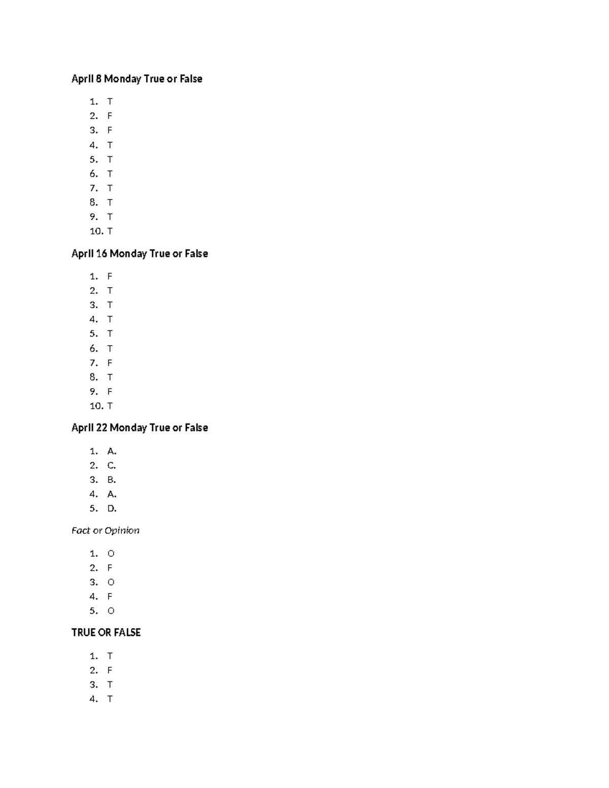 Answer key- Modular Activities - Physical Education - April 8 Monday True or False 1. T 2. F 3 ...