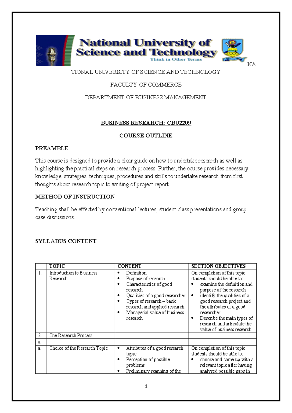 Business Research Course Outline - 2024 - NA TIONAL UNIVERSITY OF ...
