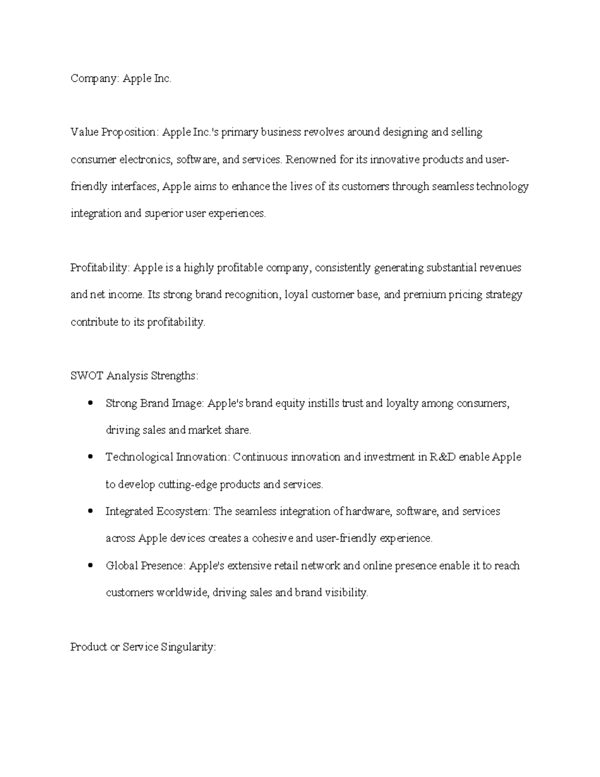 1-1 - 1-1 Assignment - Company: Apple Inc. Value Proposition: Apple Inc ...