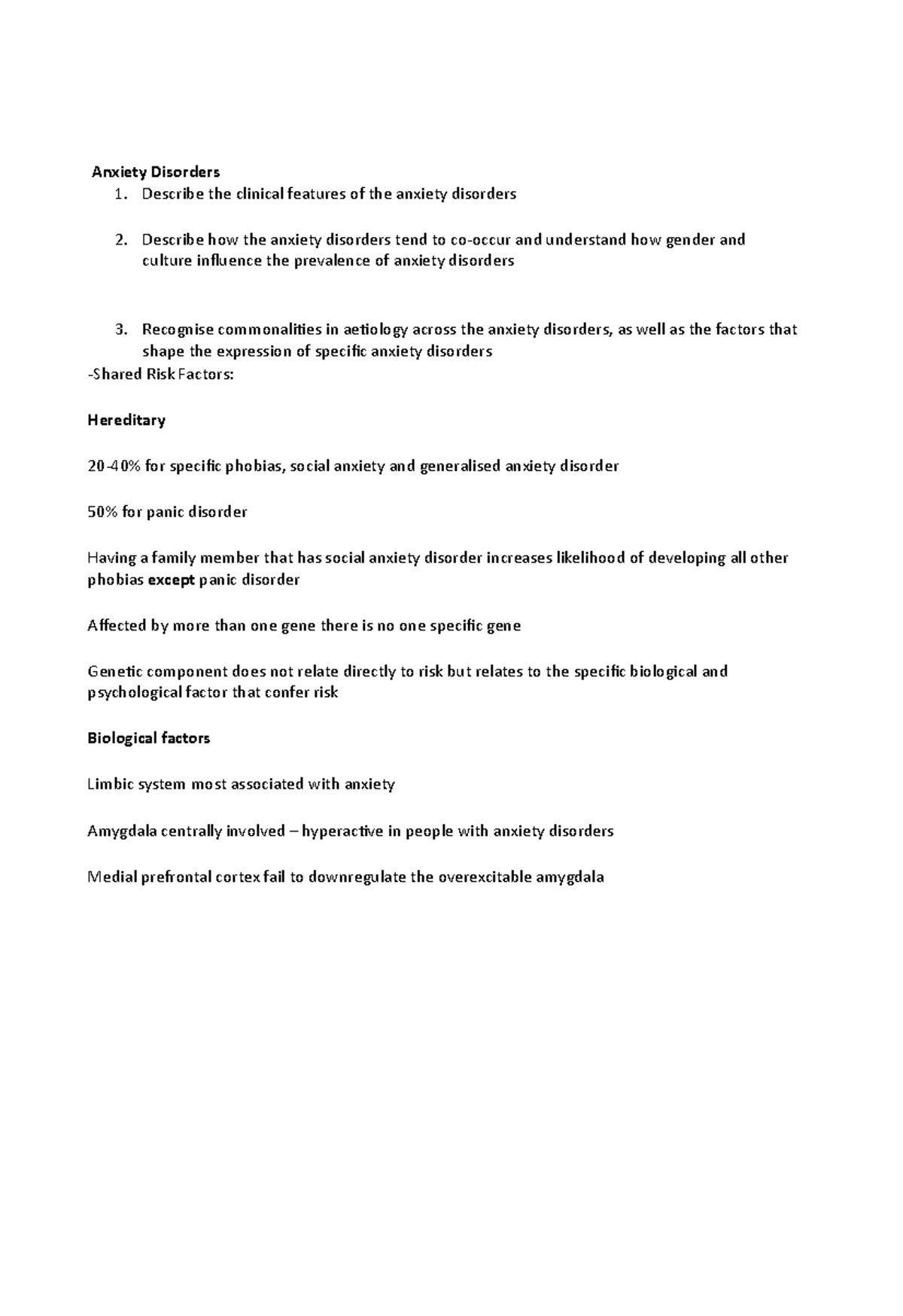 Week 2 Anxiety - notes - Anxiety Disorders 1. Describe the clinical ...