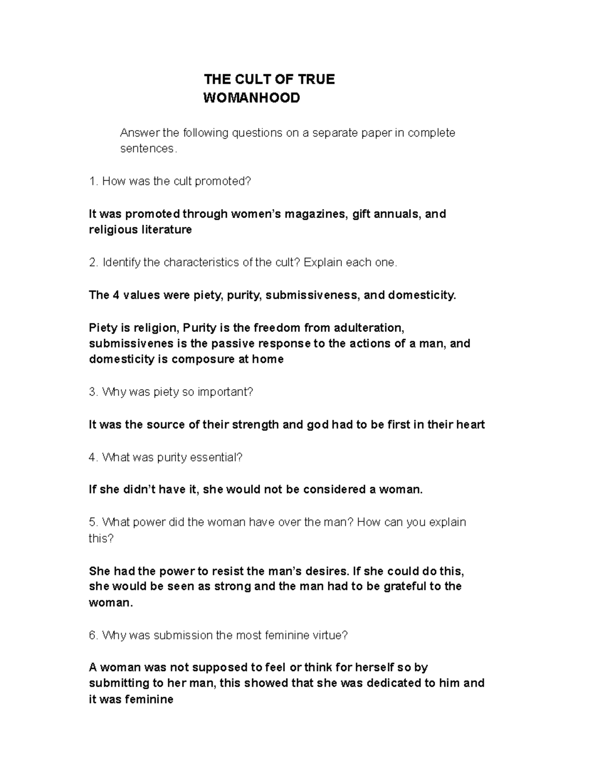 Copy of THE CULT OF TRUE Womanhood - THE CULT OF TRUE WOMANHOOD Answer ...