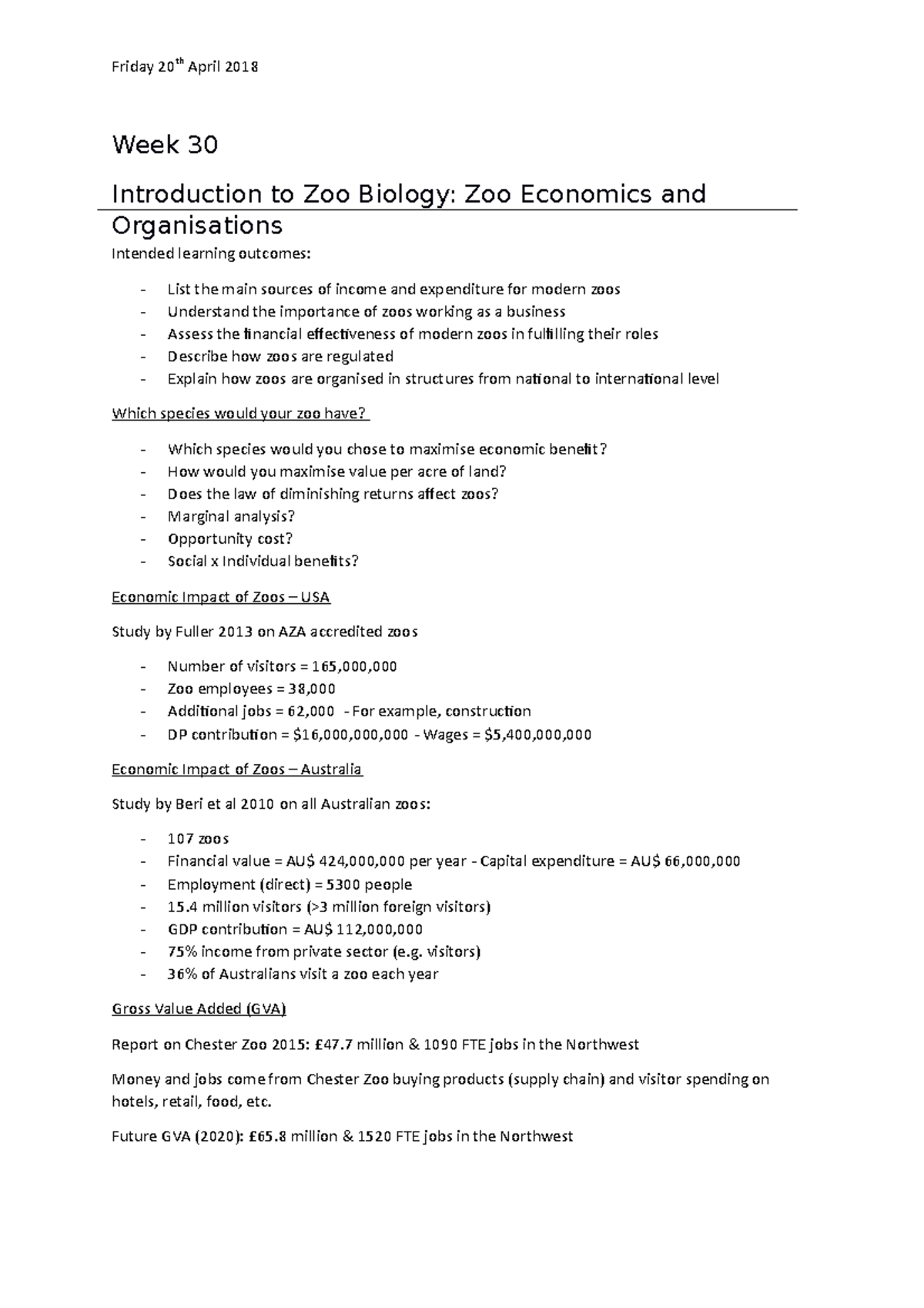 Week 30 - Zoo Economics and Organisations - Week 30 Introduction to Zoo ...