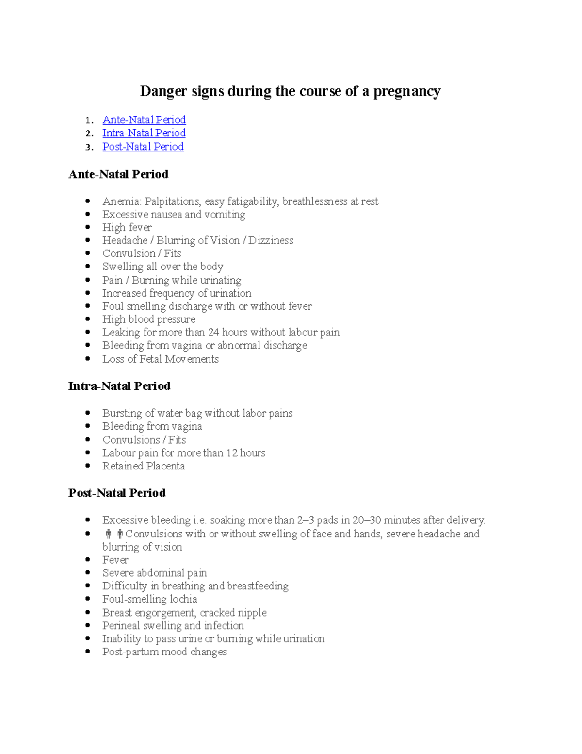 Checklist for Ante natal check - Danger signs during the course of a ...