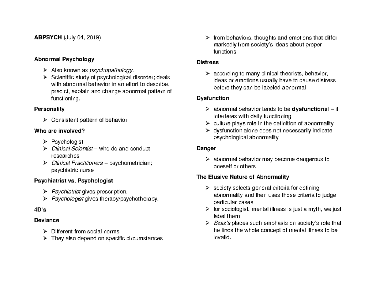 Ab Psych-Notes - Lecture notes 5 - ABPSYCH (July 04, 2019) Abnormal ...