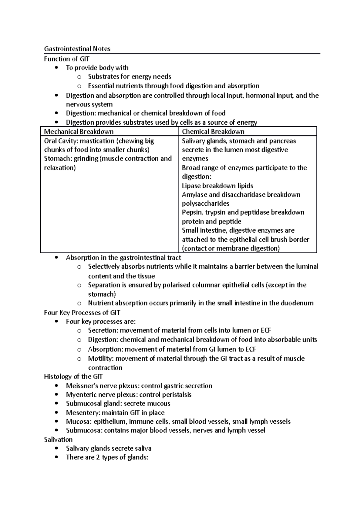 Gastrointestinal Notes full - Gastrointestinal Notes Function of GIT To ...