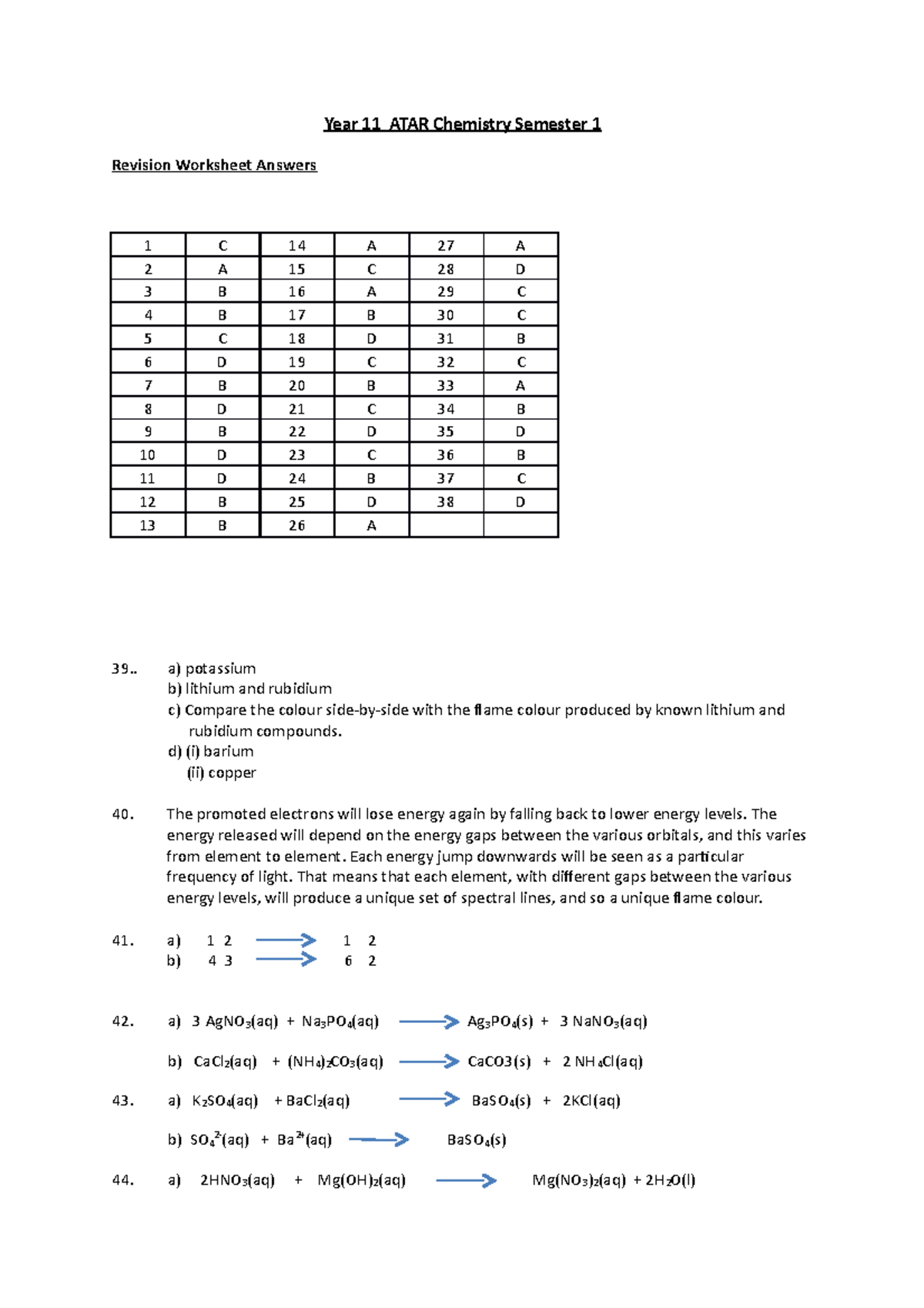 Revision Answers - Year 11 ATAR Chemistry Semester 1 Revision Worksheet ...