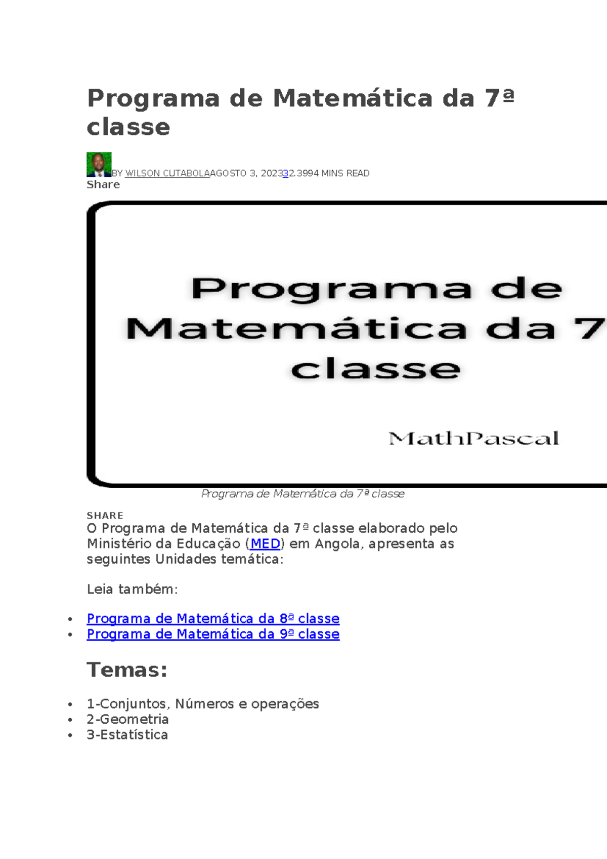 Programa de Matemática da 7ª classe - Sendo assim, temos: Objetivos ...