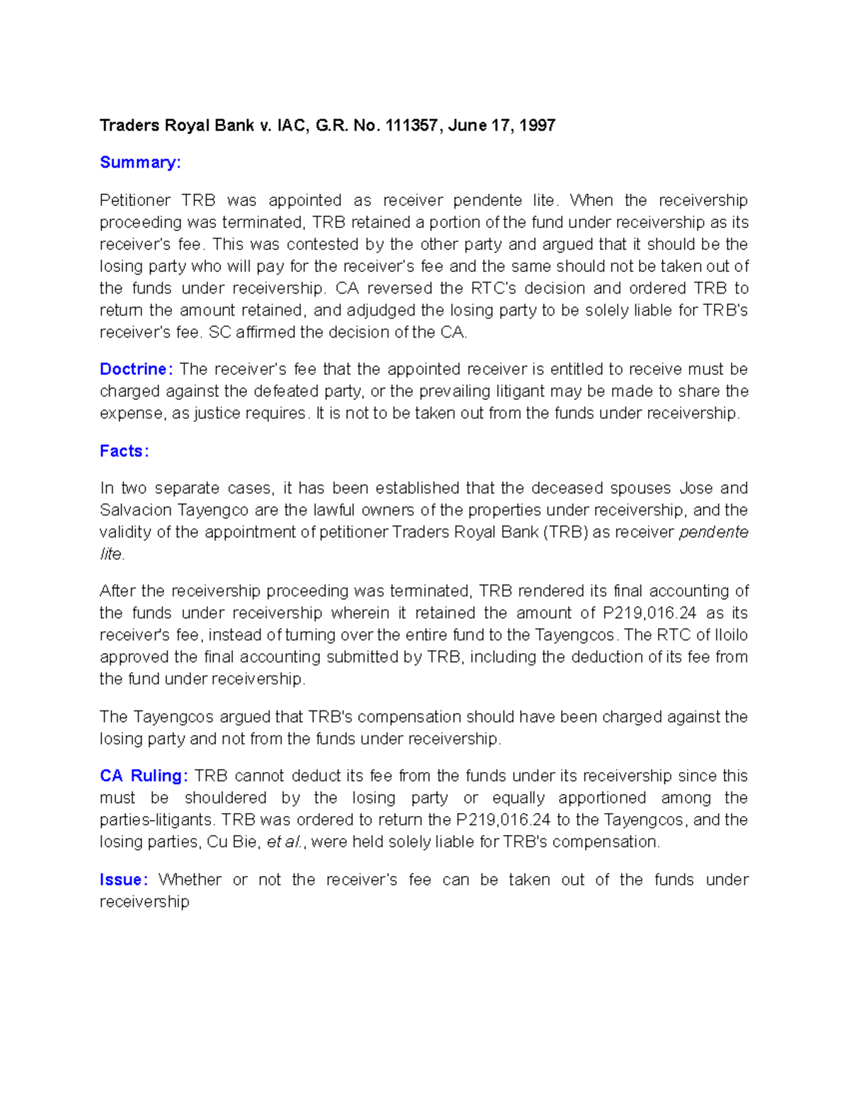 23Traders Royal Bank v. IAC, G.R. No. 111357, June 17, 1997 - Traders ...