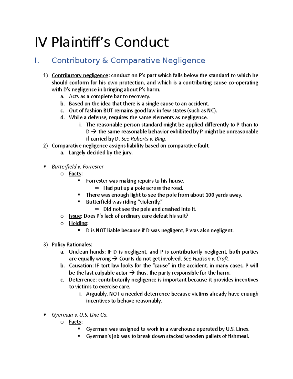 4. Plaintiff’s Conduct - IV Plaintiff’s Conduct I. Contributory ...