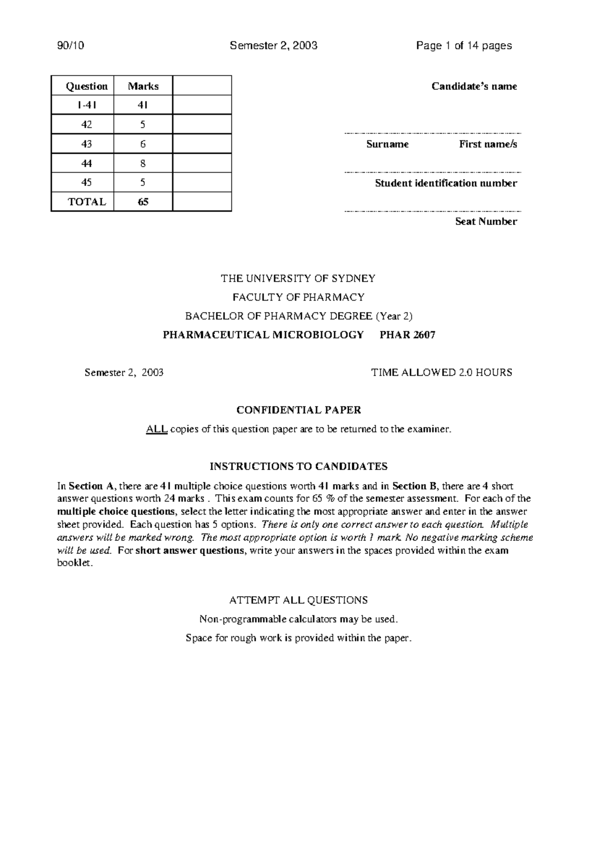PHAR2812 Final Exam 2003 - PHAR2812 - USyd - Studocu