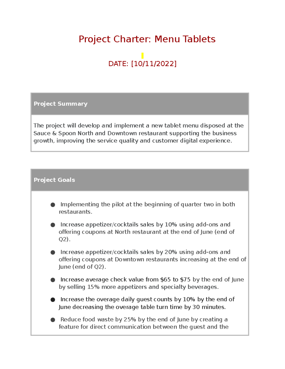 Task - Project Charter Menu Tablets - Project Charter: Menu Tablets DATE: [10/11/2022] Project ...