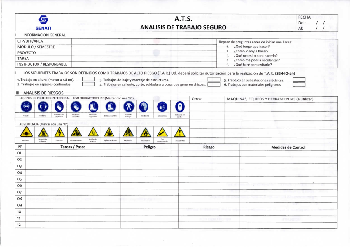 ATS formato Senati - ats - ####### SENATI A.T. ' ANALISIS DE TRABAJO SEGURO ####### FECHA Del ...