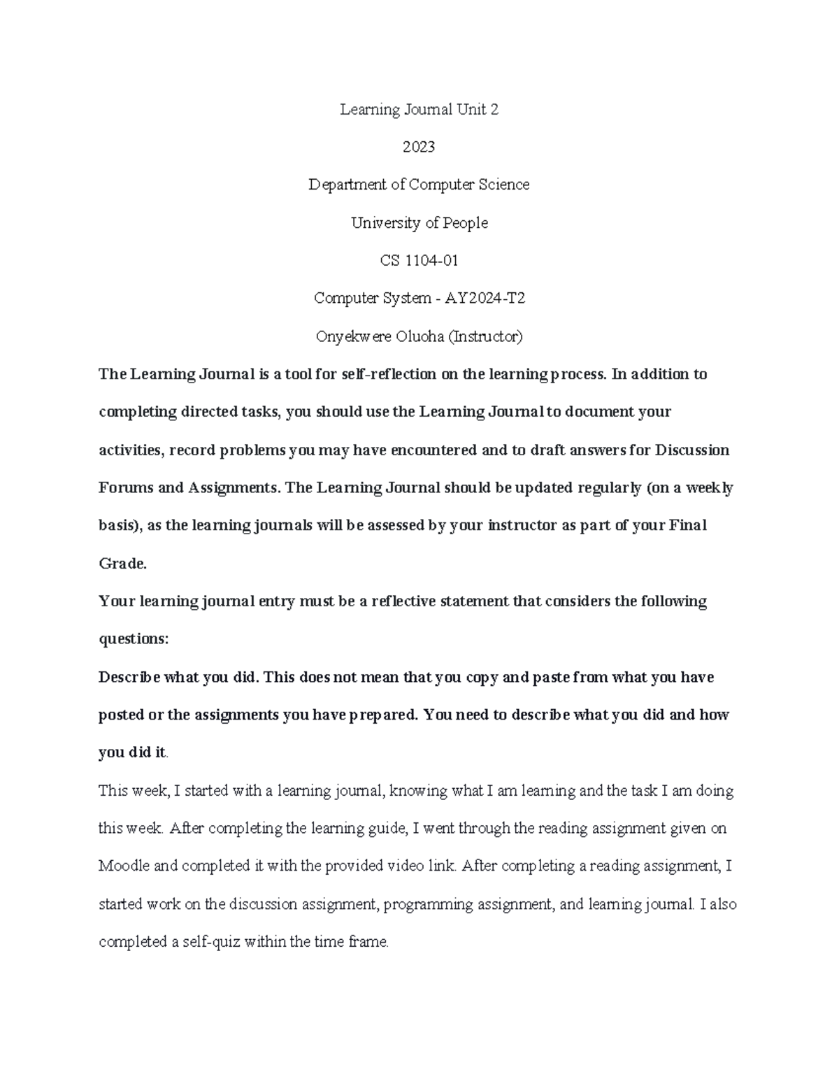 CS 1104 Learning Journal Reflection - Unit 2 - Learning Journal Unit 2 2023 Department of ...
