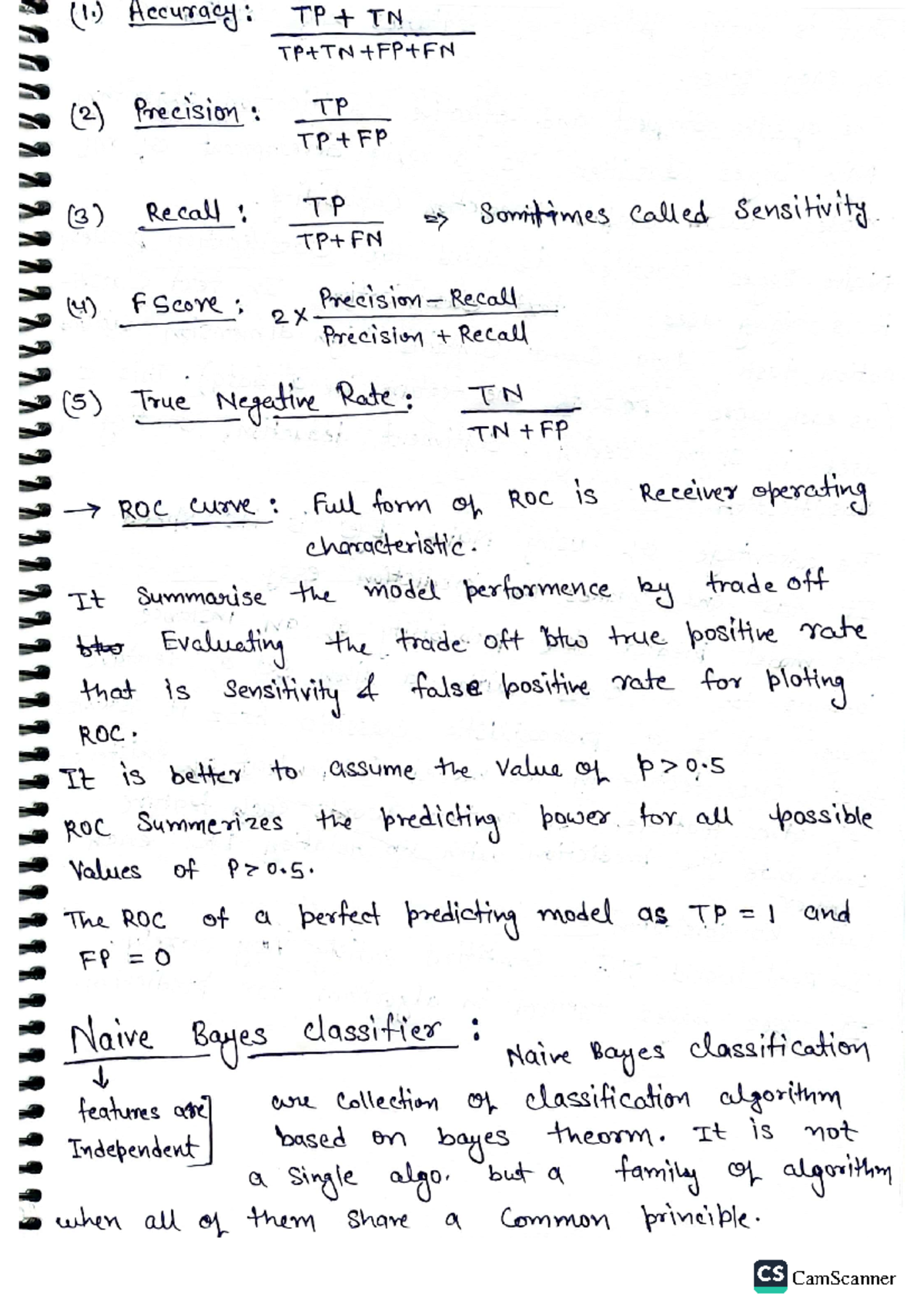 ML 28 Aug to 6 sept - Lecture - (1.) Accuracy: TP TN (2) Precision : TP ...
