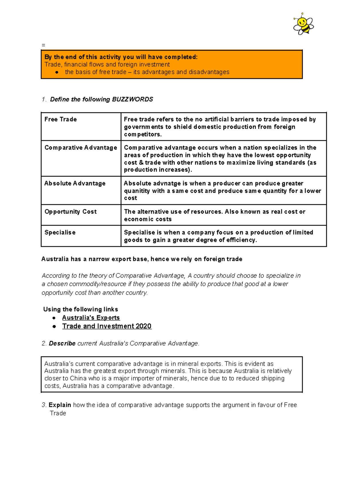 Free Trade Worksheet - = By the end of this activity you will have ...