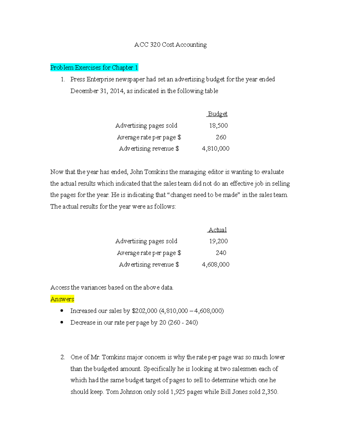 ACC320 Practice Problems - ACC 320 Cost Accounting Problem Exercises ...