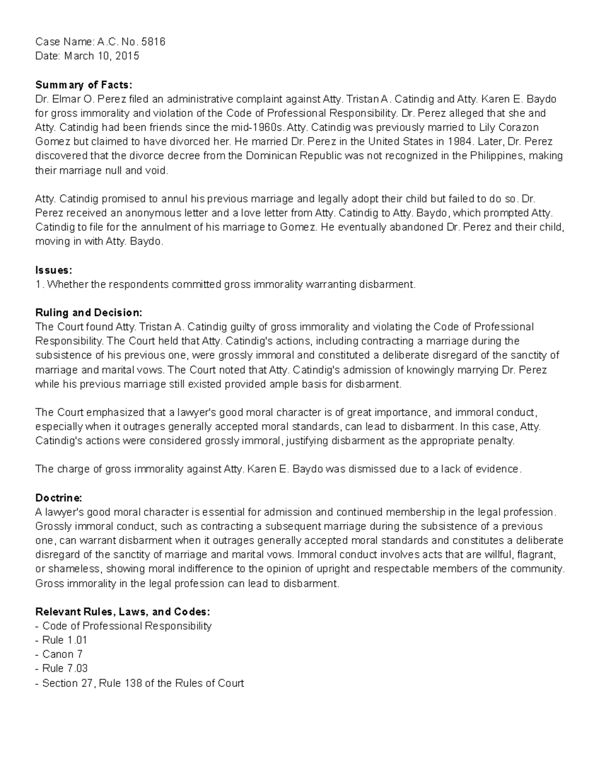 A.C. No. 5816 Case Digest - Case Name: A. No. 5816 Date: March 10, 2015 ...