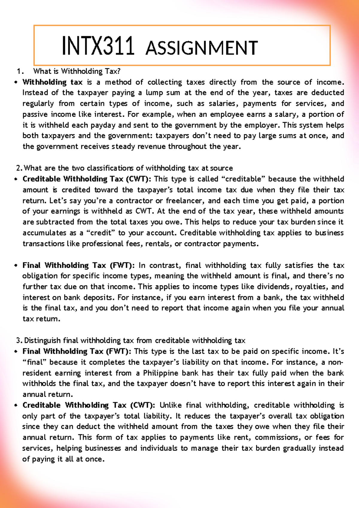 INTX311- Assignment 1 - WITHHOLDING TAX - INTX311 ASSIGNMENT What is ...